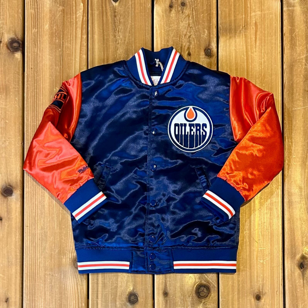 Edmonton Oilers NHL Kids Satin Jacket | Mitchell & Ness – The Sport Gallery