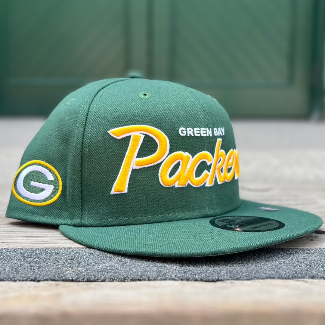 Green Bay Packers NFL Script Logo Patch 9Fifty Snapback (Green) – The ...